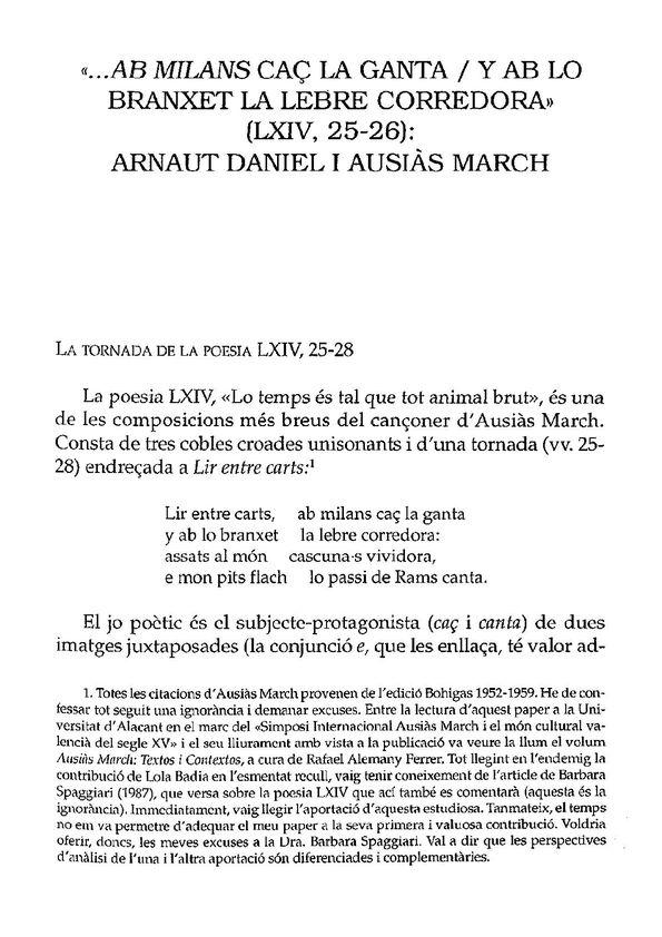 Ab milans caç la ganta / y ab lo branxet la lebre corredora" (LXIV, 25 ...