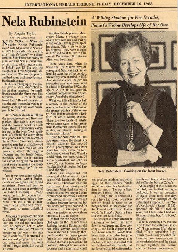 Nela Rubinstein : a "willing shadow" for five decades, pianist's widow ...
