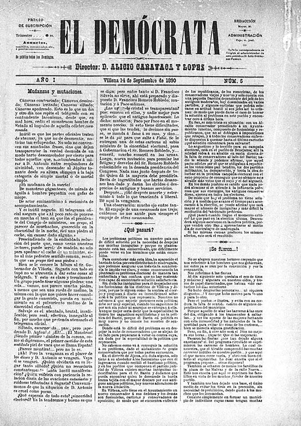 El Demócrata (Villena, Alicante). Núm. 5, 14 de septiembre de 1890 ...