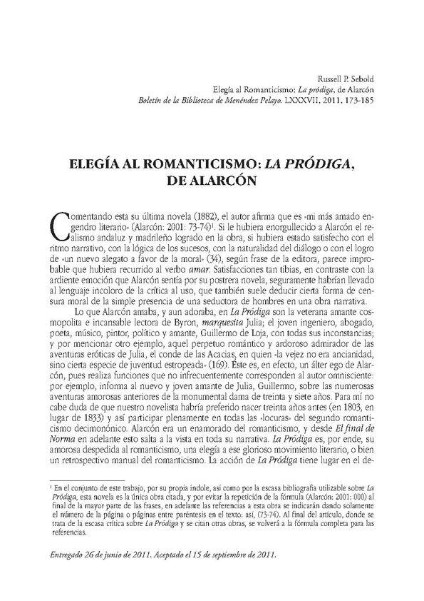 Elegía al Romanticismo: "La pródiga", de Alarcón / Russell P. Sebold ...